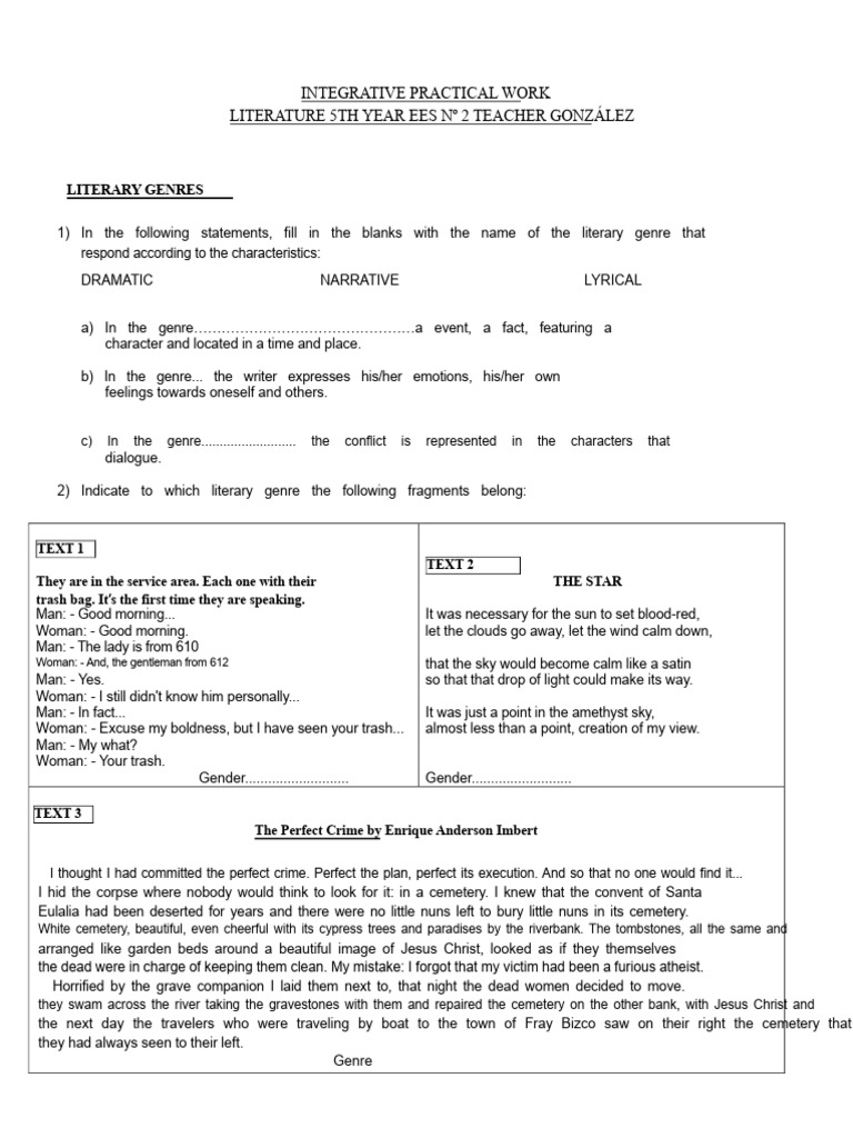 INTEGRATIVE PRACTICAL WORK Literature 5th LITERARY GENRES FANTASTIC ...
