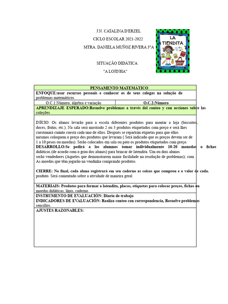 Atividade Matemática: A Lojinha Escolar | PDF