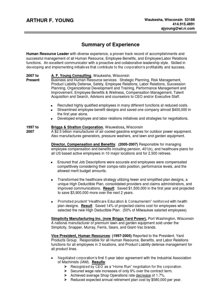 Vice President Director Human Resources in Milwaukee WI Resume Arthur ...