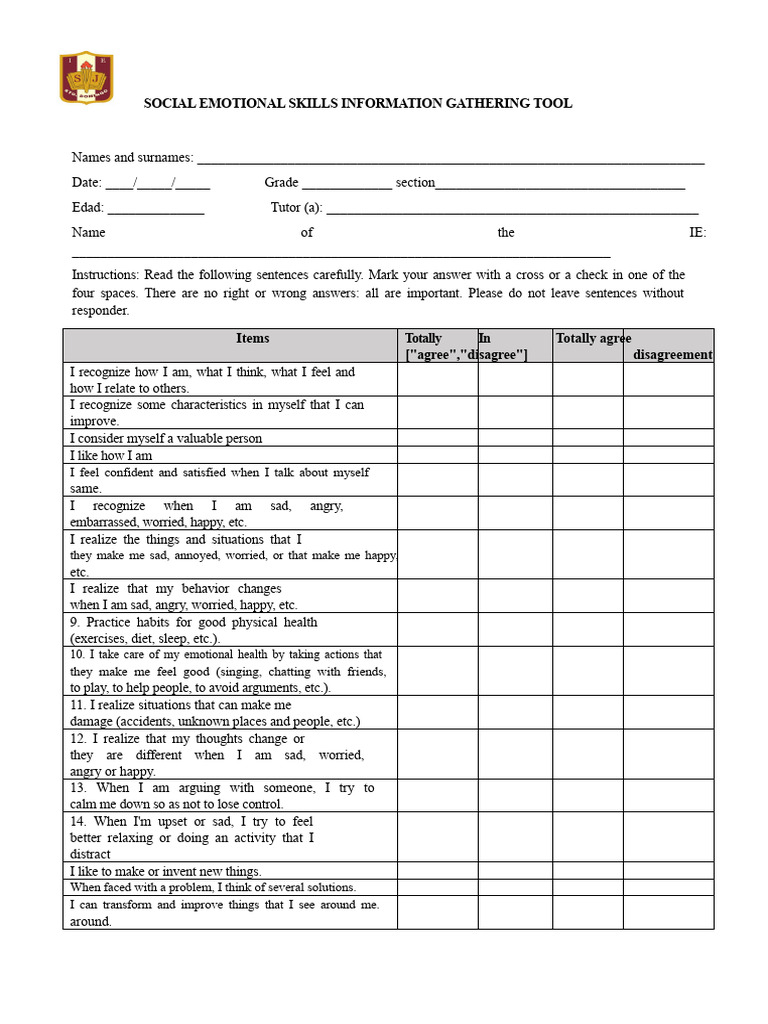 Social Emotional Skills Assessment Tool | PDF | Psychological Concepts ...