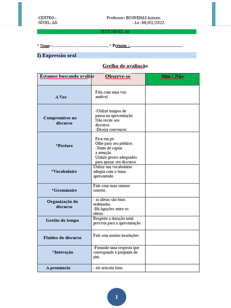 Avaliação de Expressão Oral A0 | PDF