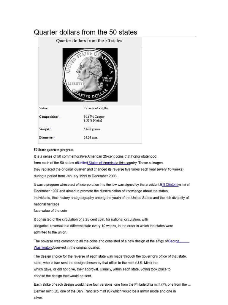 50 State Quarters Overview | PDF | Numismatics | Coins Of The United States