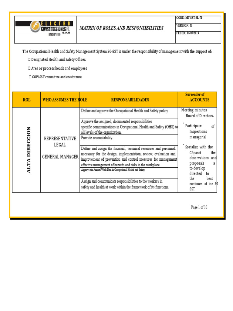 Roles and Responsibilities Matrix | PDF | Occupational Safety And ...