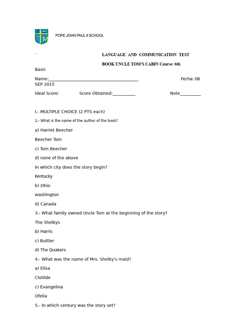Uncle Tom's Cabin Language Test | PDF | Uncle Tom's Cabin