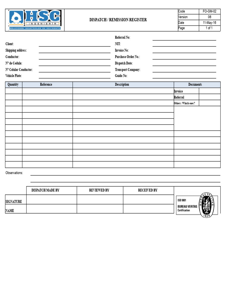 FO-GM-02 Dispatch Record - Shipment V06 | PDF