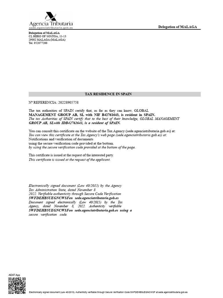 Tax Residence Certificate GLOBAL MANAGEMENT | PDF | Verification And Validation | Authentication