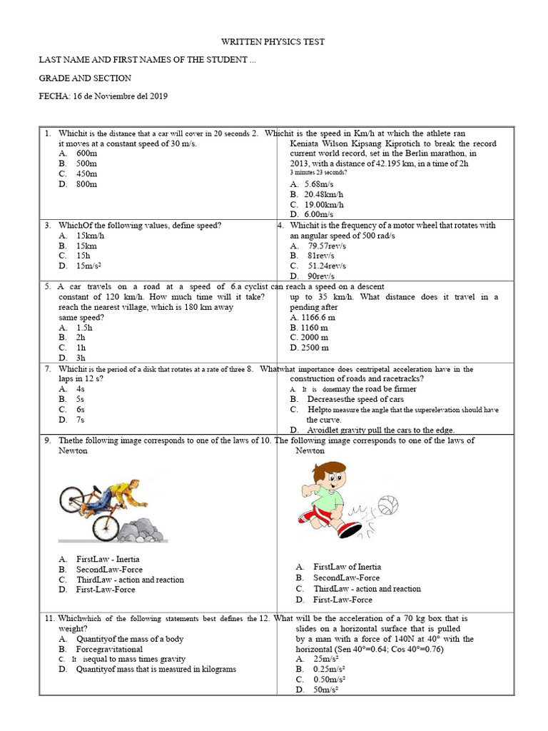 Written Physics Test - PRINT. | PDF | Force | Mass