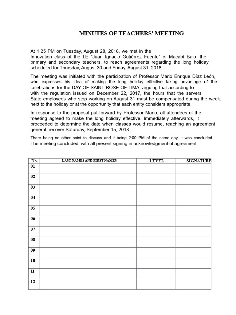 Meeting Minutes of Teachers | PDF