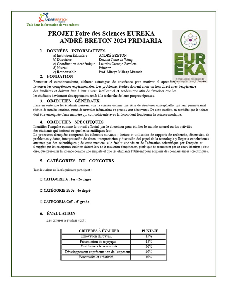 Foire des Sciences EUREKA 2024 : Projet éducatif | PDF | Science