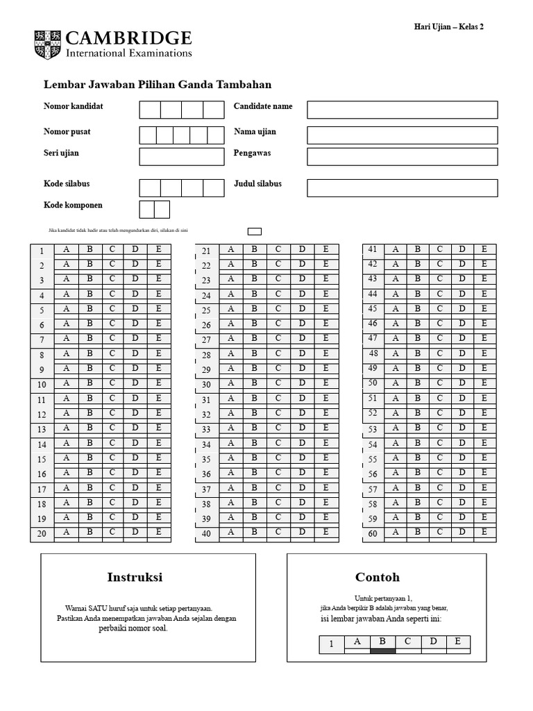 Lembar Jawaban Pilihan Ganda Tambahan - Hari Ujian - Formulir 2 | PDF