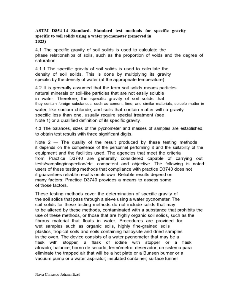 ASTM D854-14: Soil Specific Gravity Testing | PDF | Density | Soil