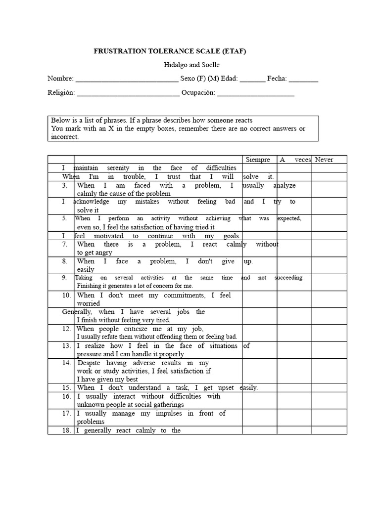 Frustration Tolerance Assessment Scale | PDF | Psychology | Behavioural ...