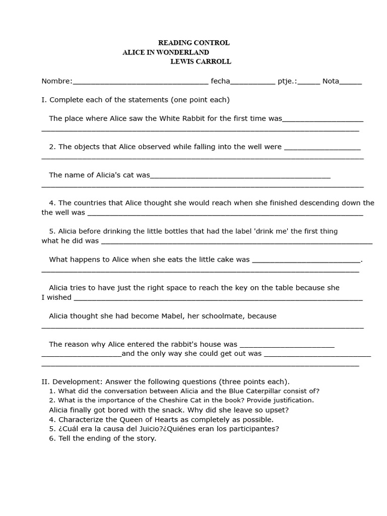 Test Comprehension Alice in The Country... | PDF