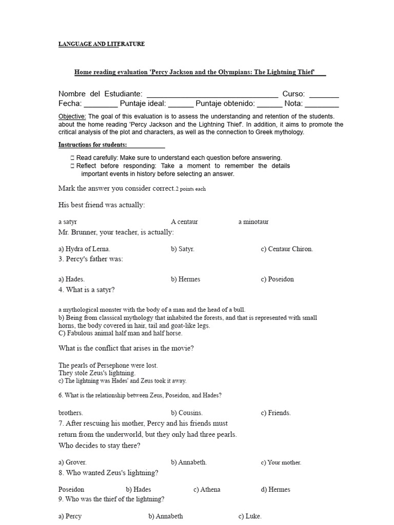 Home Reading Assessment Percy Jackson | PDF | Hades | Ancient Greek ...
