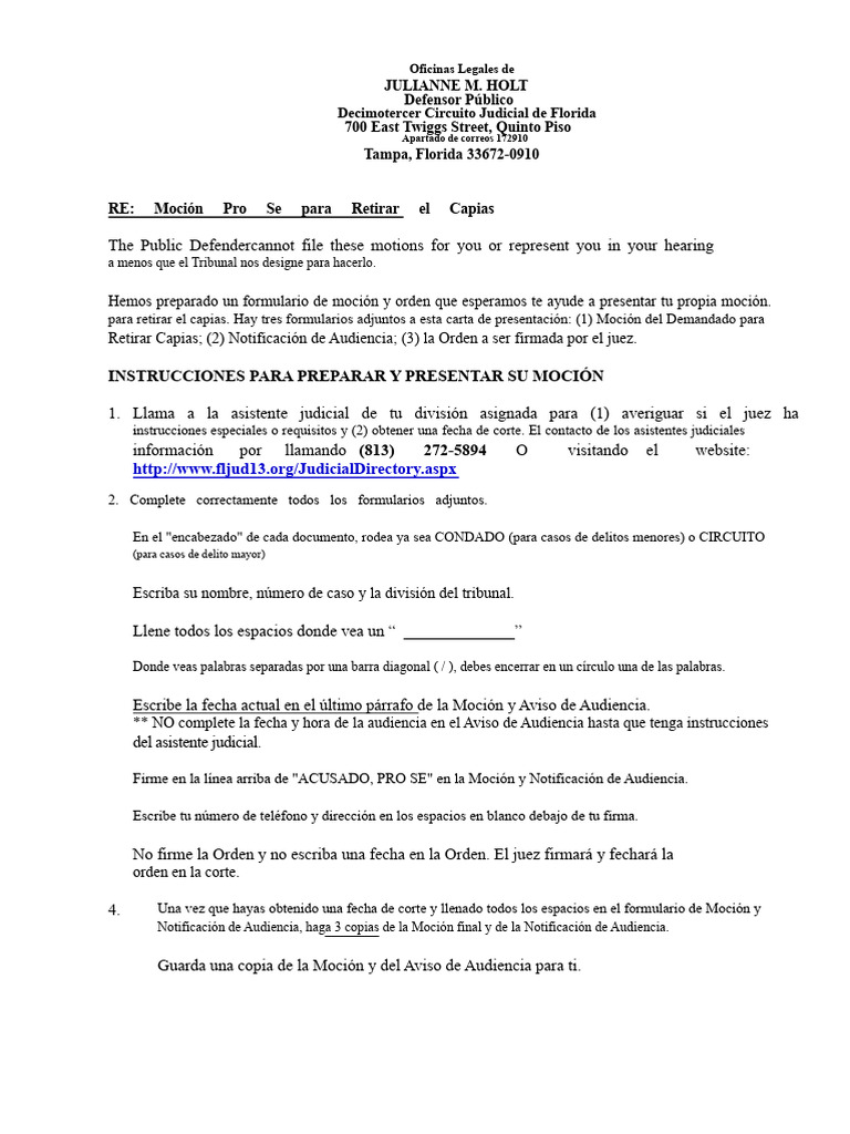 Paquete de Moción Pro Se para Retirar Capias | PDF | Judicaturas | Justicia