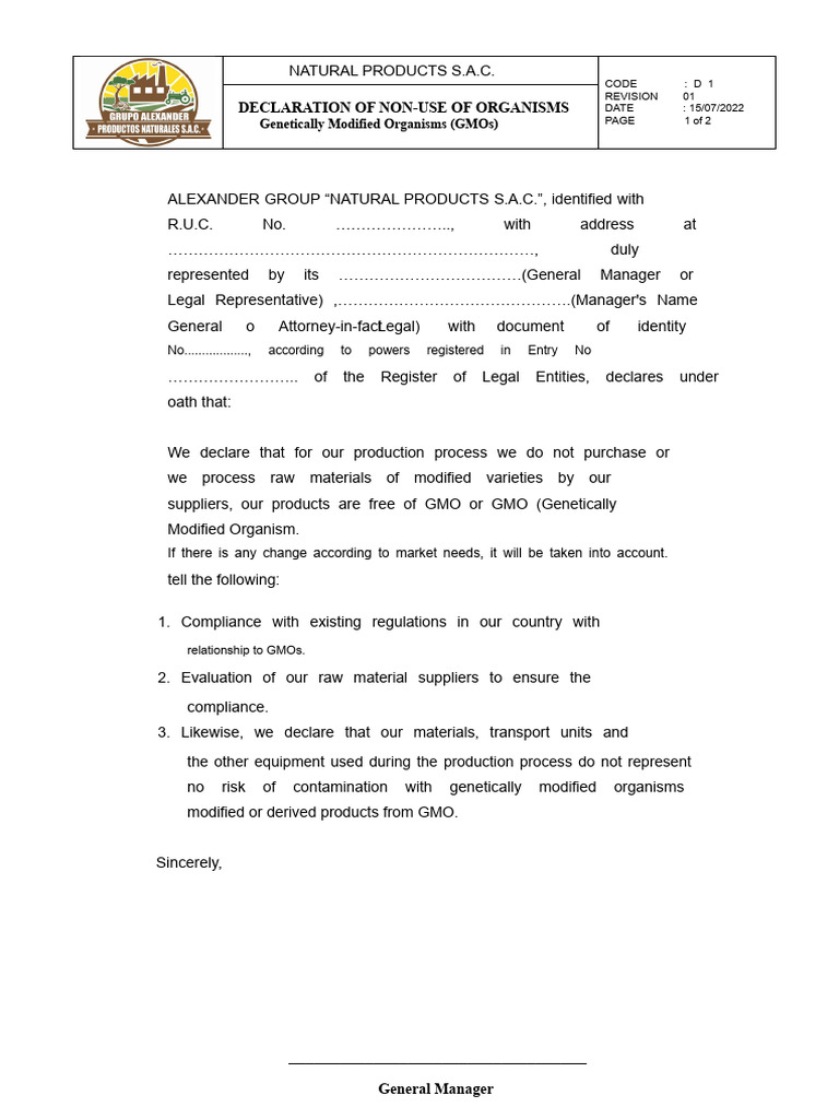 Declaration of Genetically Modified Organisms (GMO) | PDF