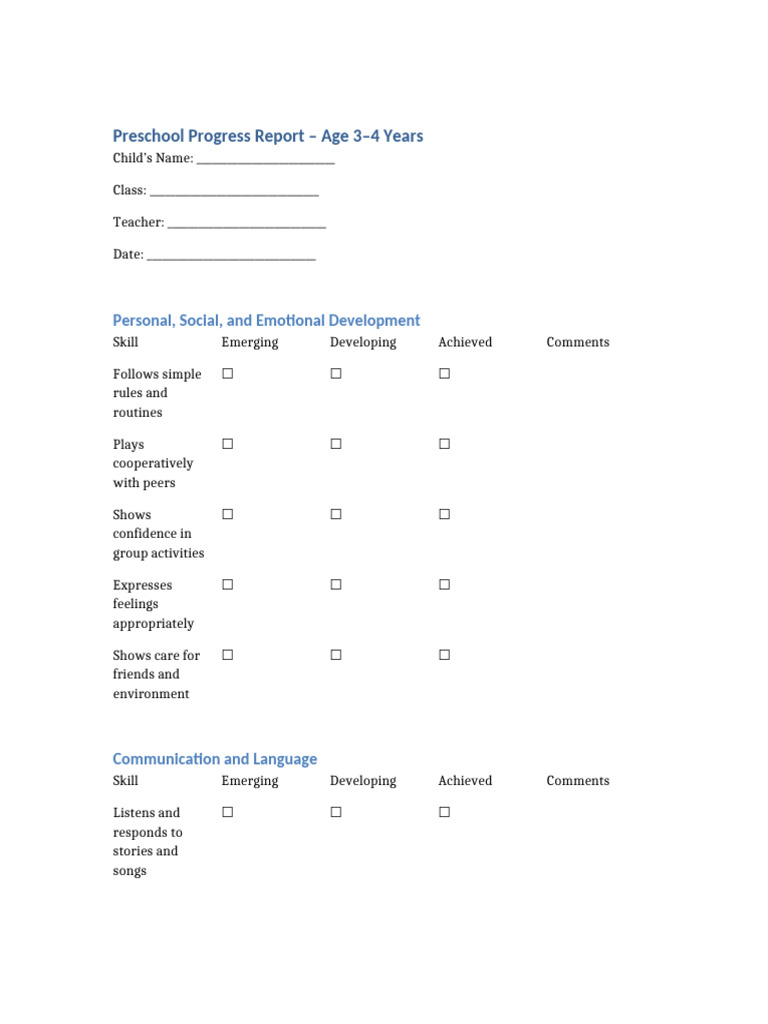 Preschool Progress Report Template | PDF | Preschool | Learning