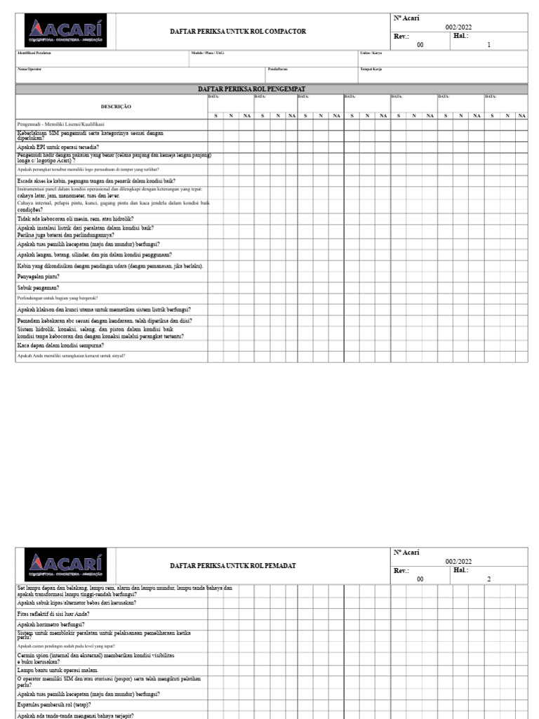 Daftar Periksa Rol Compactor 2022 | PDF