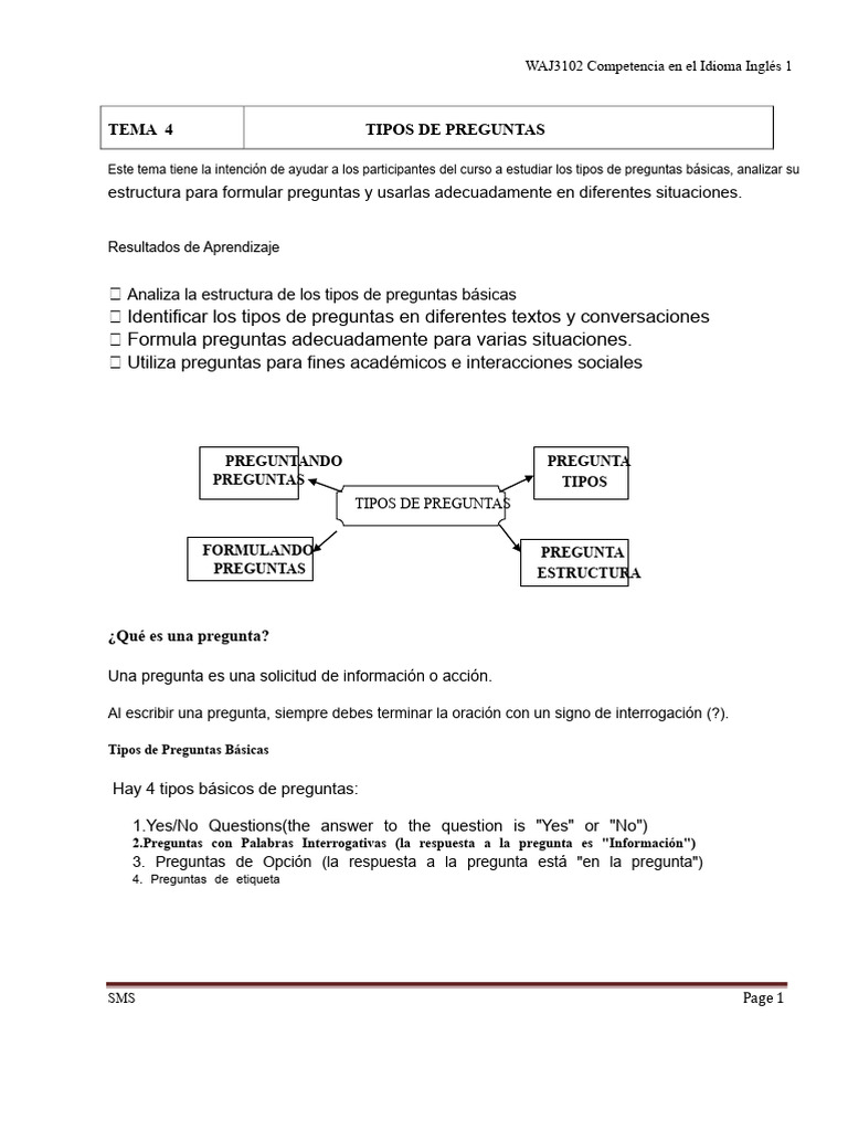 Tipos de Preguntas en Inglés: Guía Básica | PDF | Asunto (gramática ...