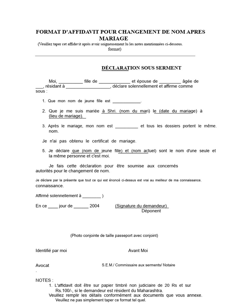 Affidavit pour Changement de Nom Mariage | PDF