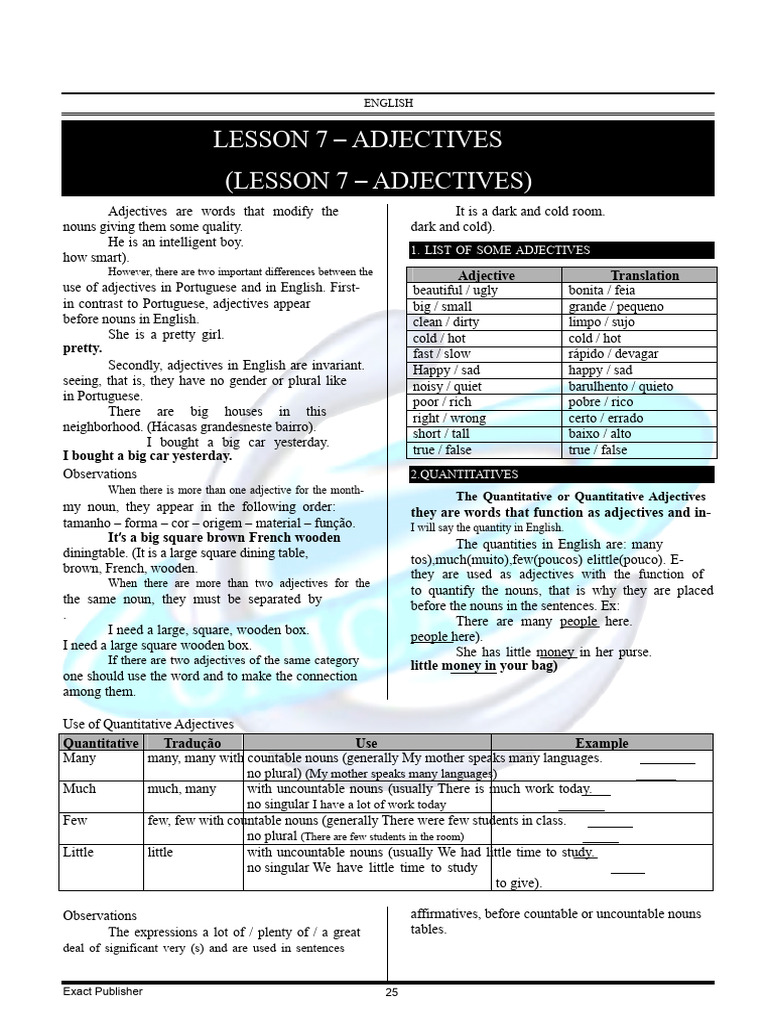Lesson 7 Adjectives | PDF | Noun | Adjective
