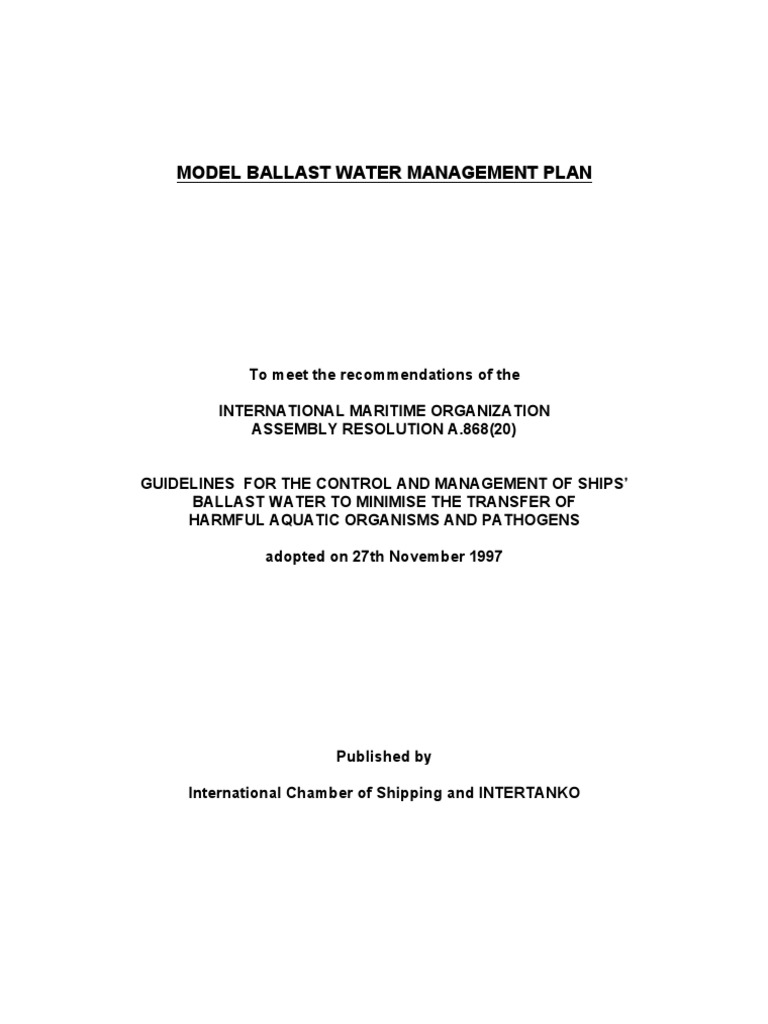 Bwmp-Model Ballast Water Management Plan-Intertanko | PDF | Ships | Tonnage