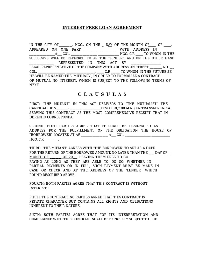 Interest-Free Loan Agreement Template | PDF | Loans | Interest