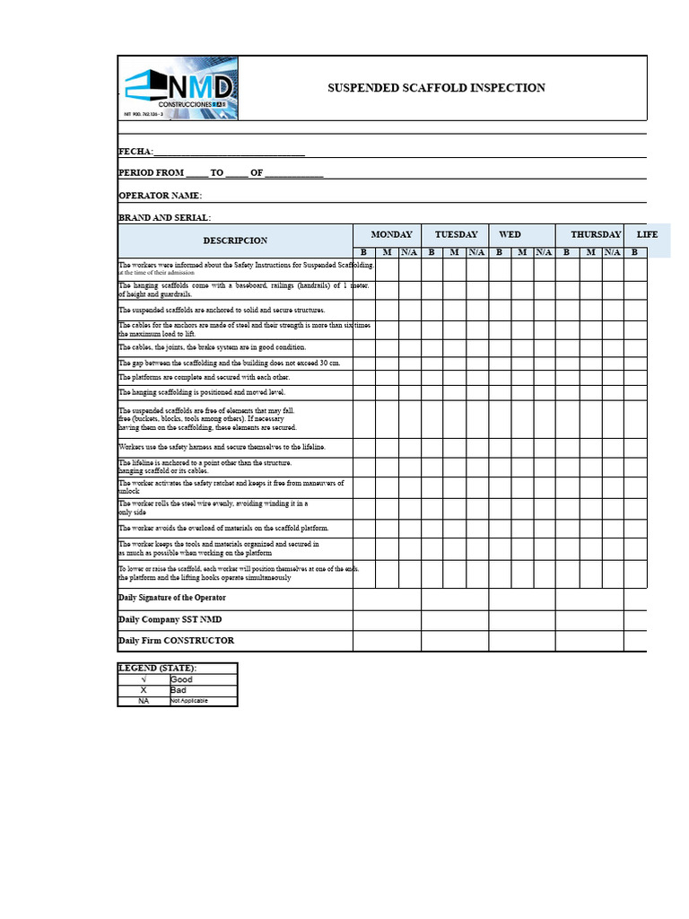 Suspended Scaffold Safety Inspection Log | PDF