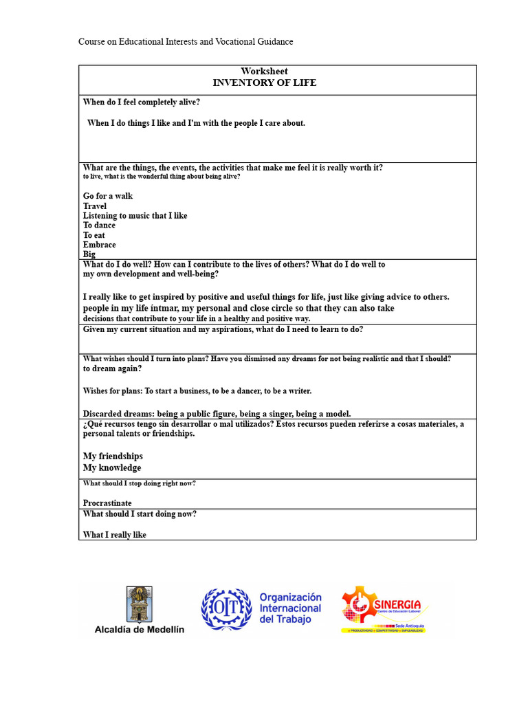 Life Inventory Worksheet | PDF