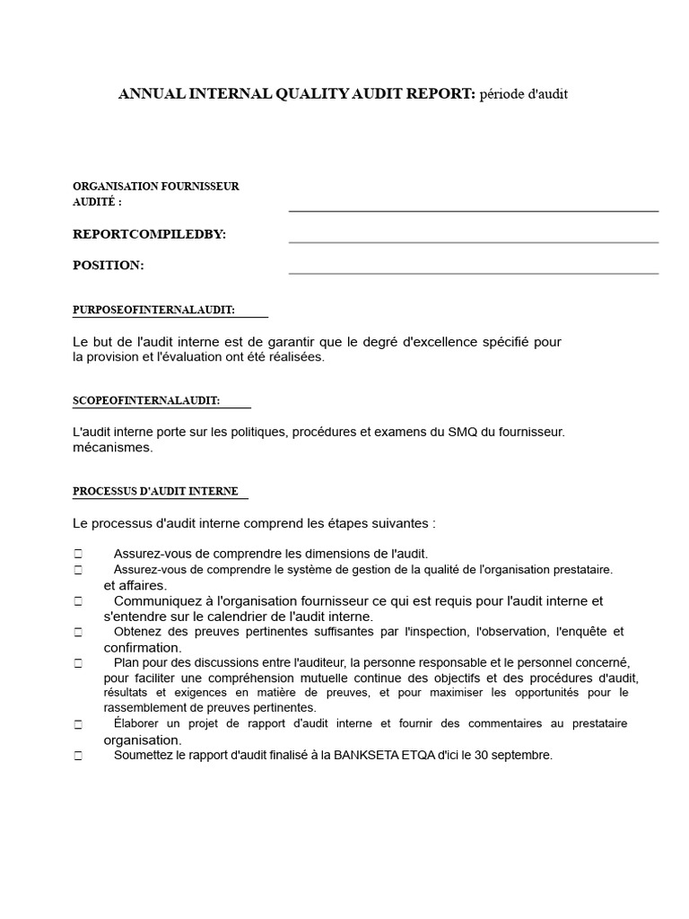 Rapport d'Audit Interne de Qualité | PDF | Audit | Système de ...