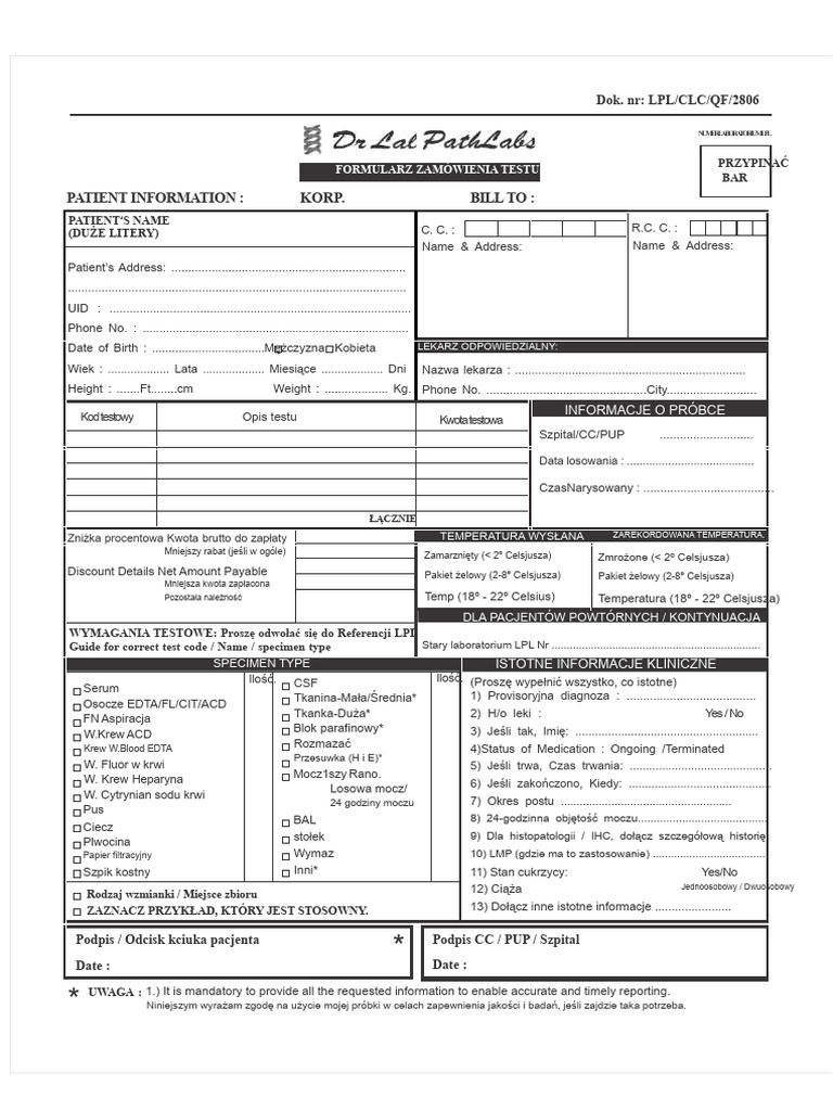 Patient Information: Bill To: Korp.: Dok. NR: LPL/CLC/QF/2806 | PDF