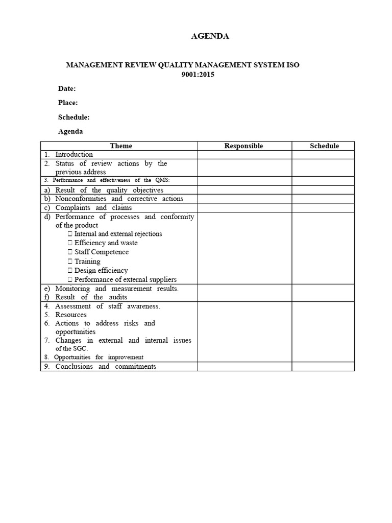 ISO 9001:2015 Management Review Agenda | PDF