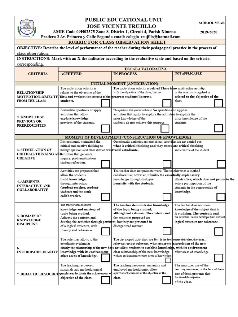 3.-Rubric For The Classroom Observation Sheet - AULICA | PDF | Teachers ...