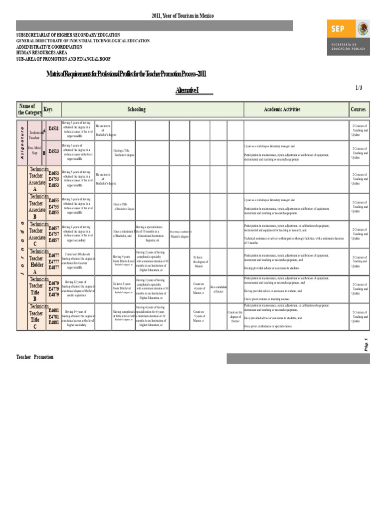 Requirements Matrix For The Professional Profiles For The Teacher ...