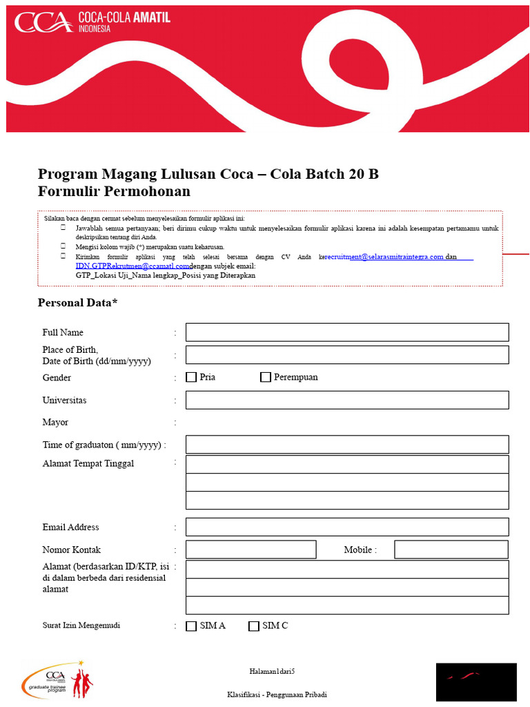 Formulir Aplikasi Magang Coca-Cola Batch 20 | PDF