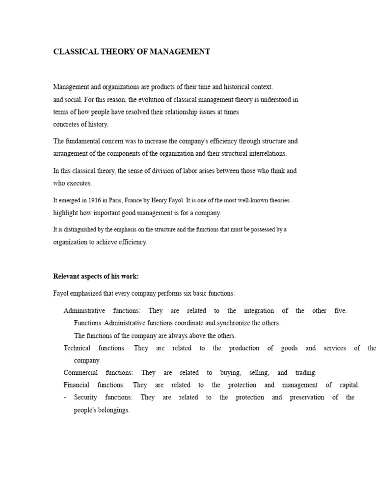 Classical Management Theory Overview | PDF | Hierarchy | Psychology