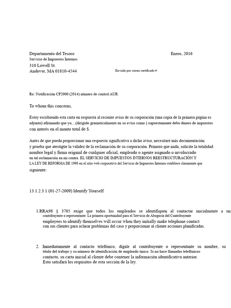 Plantilla de Carta de Respuesta Del IRS | PDF | registro Federal