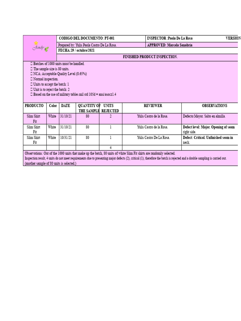 5 FORMAT OF INSPECTION of Finished Garment | PDF