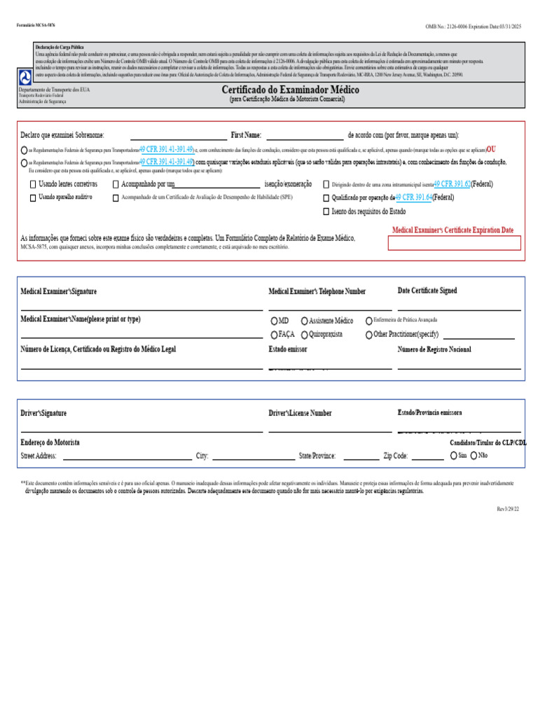 Formulário MCSA-5876: Certificado Médico | PDF