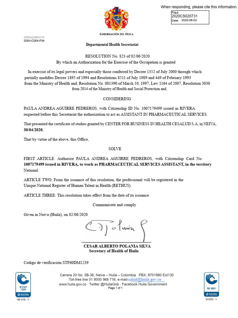 Resolution of The Health Secretary | PDF | Government And Personhood ...