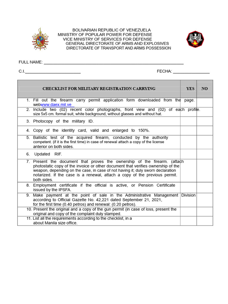 Military Firearm Registration Checklist | PDF