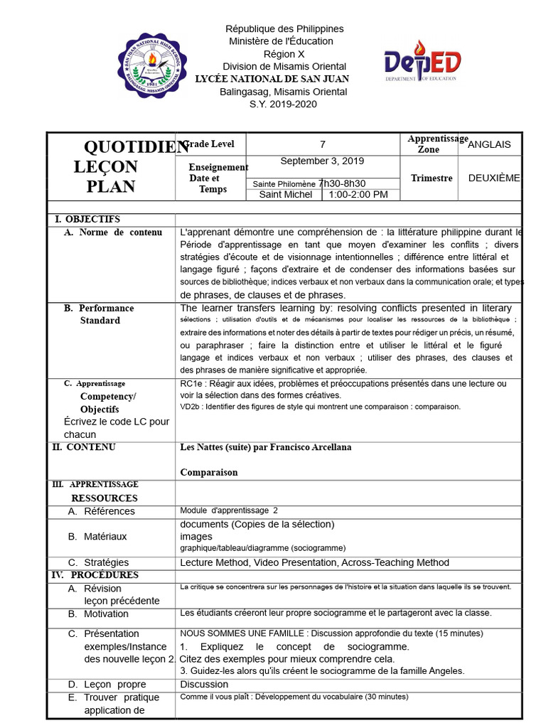 Plan de leçon d'anglais pour le grade 7 | PDF