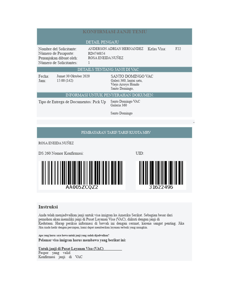 Panduan Janji Visa Imigran Santo Domingo | PDF