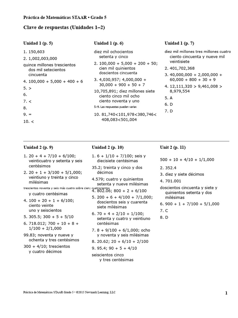 Clave de Respuestas de Matemáticas de Newmark Learning STAAR para ...