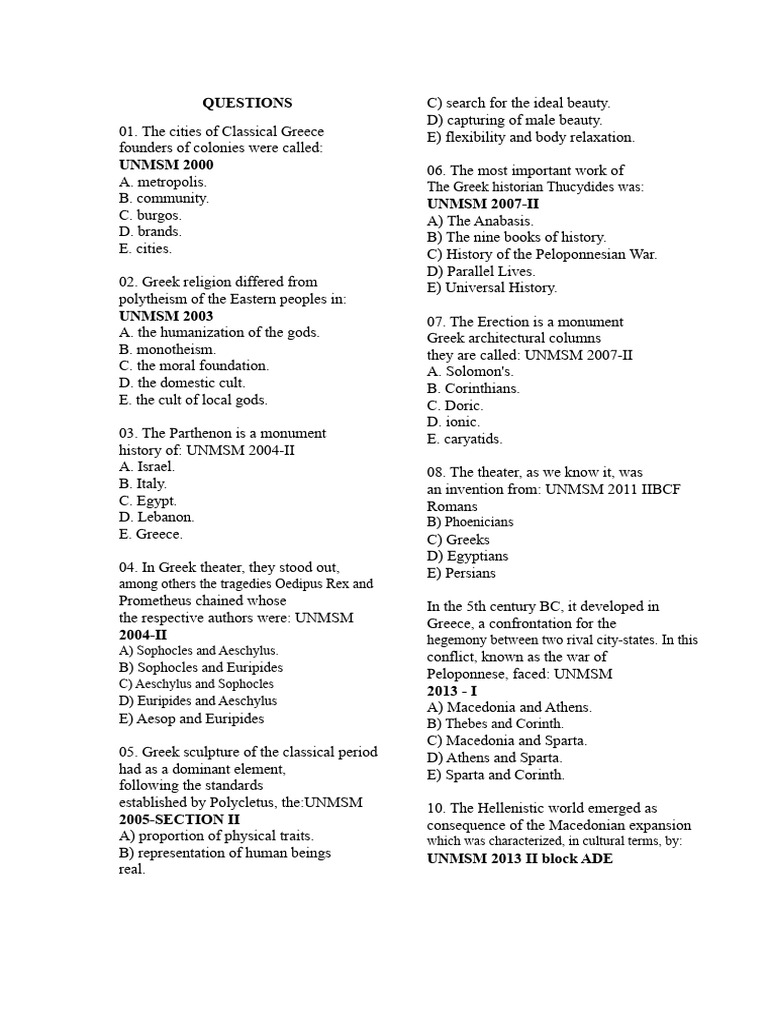 Questions Greece Unmsm | PDF | Ancient Greece | Greece