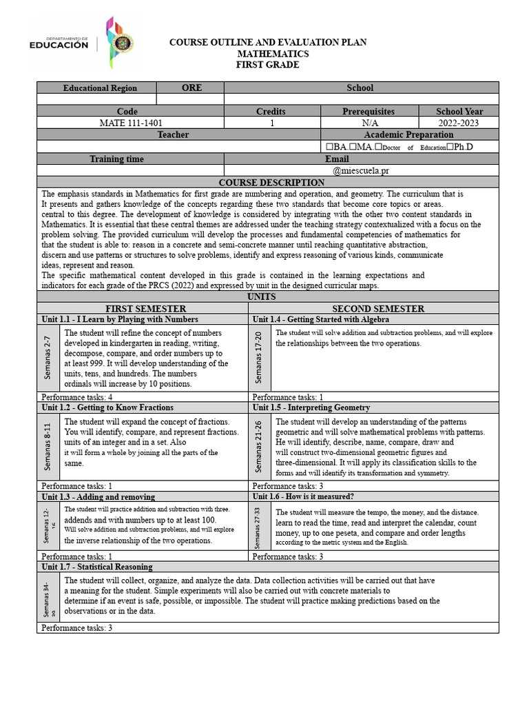 First Grade Math Course Outline 2022-2023 | PDF | Curriculum | Mathematics