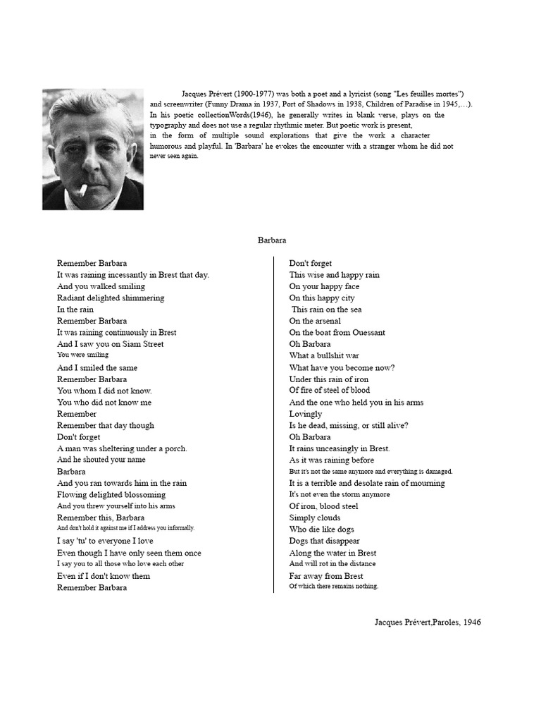 Jacques Prévert's Poem "Barbara" Analysis | PDF | Poetry | Rhyme