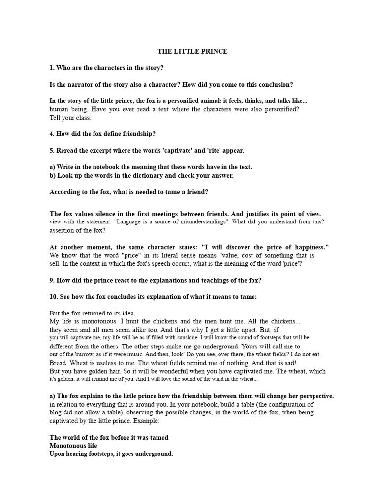 The Little Prince - Questions | PDF | The Little Prince
