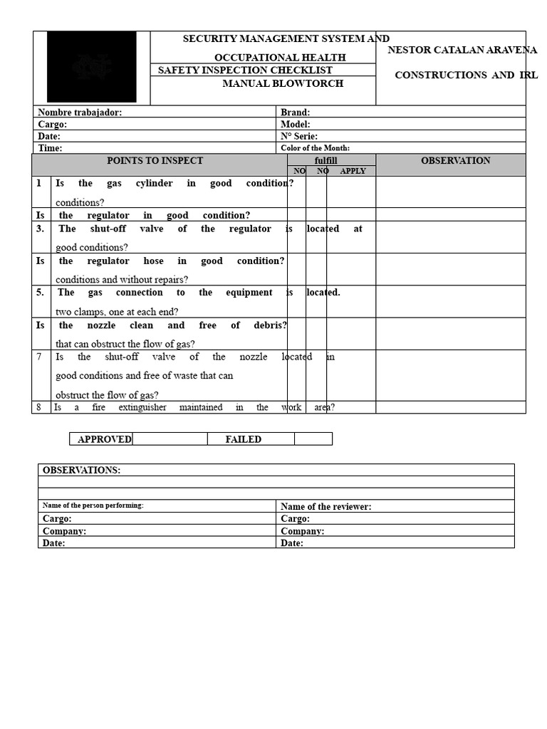 CHECKLIST INSPECTION ... Manual Torch | PDF