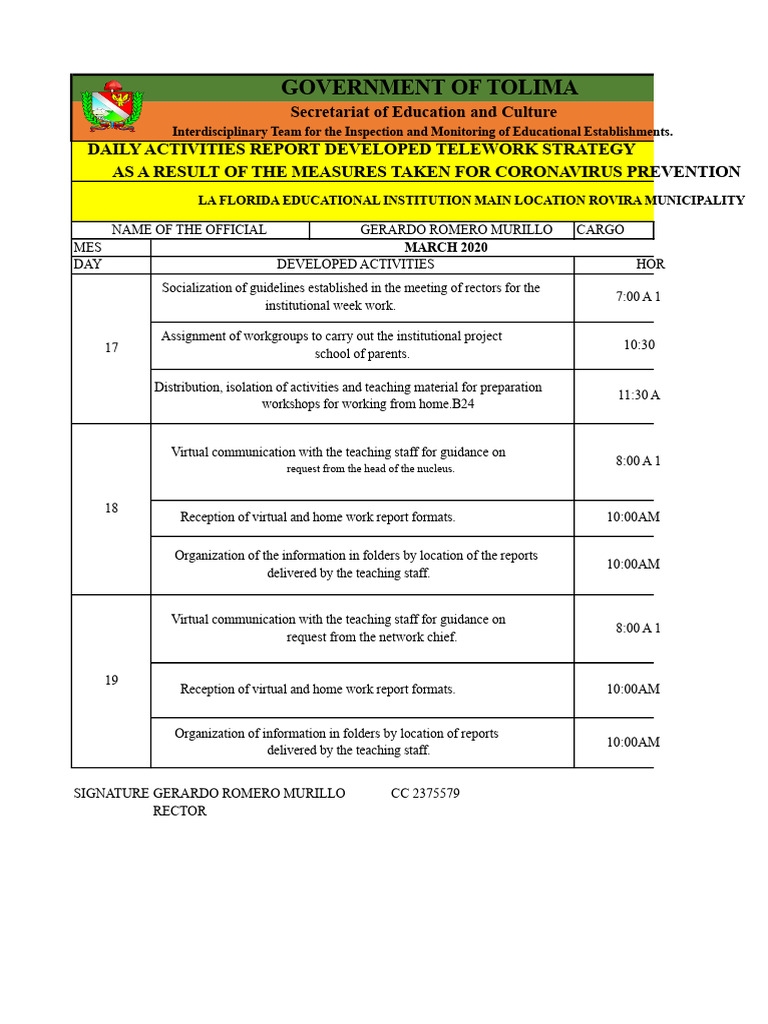 DAILY ACTIVITY REPORT FORMAT TELEWORKING FROM HOME MARCH 2020b PDF ...